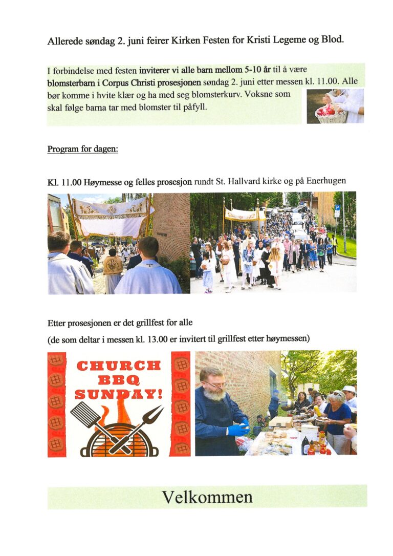 Søndag 2. juni – Festen for Kristi Legeme og Blod – St Hallvard menighet